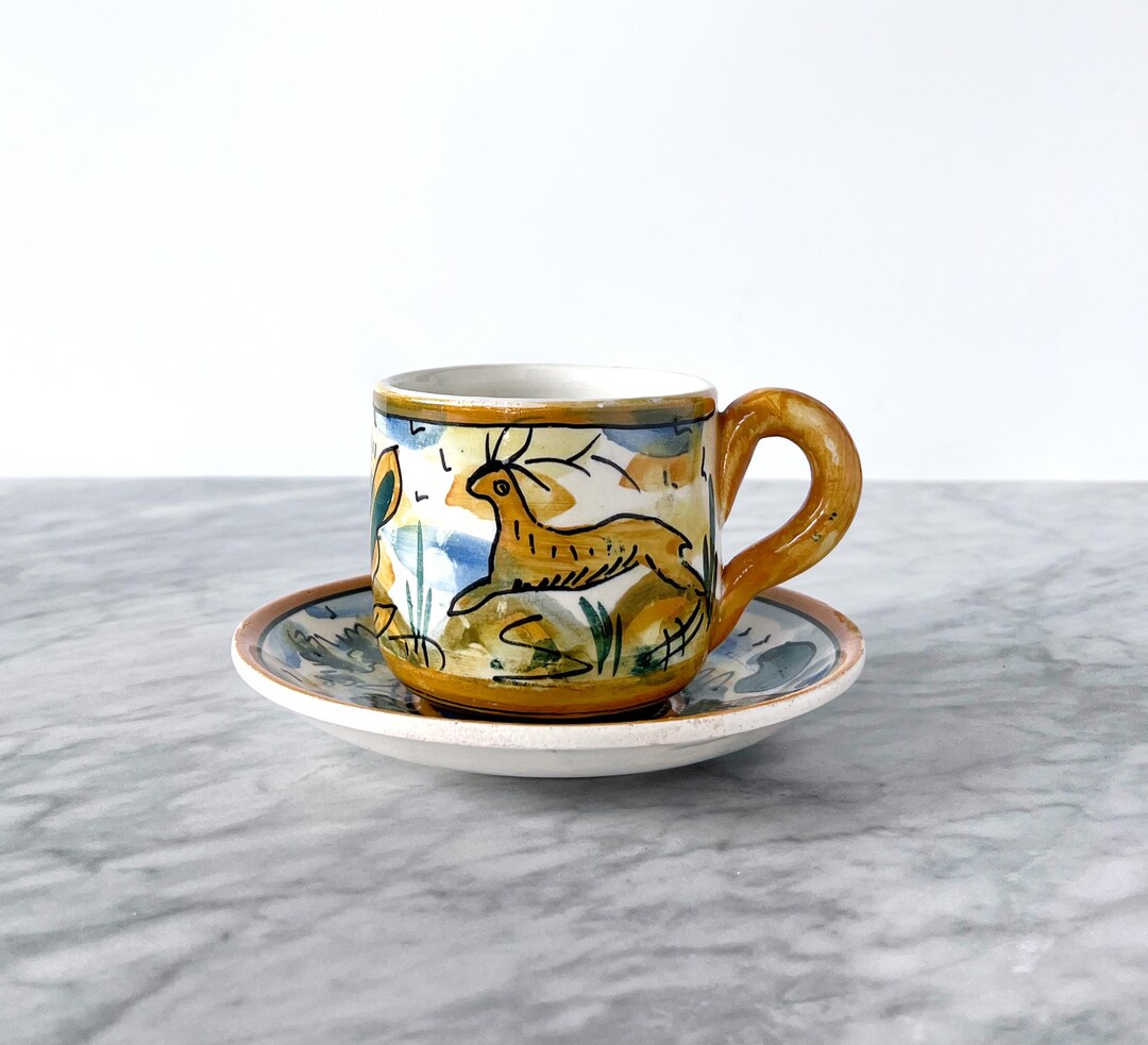 Antique 19th Century Hand Painted Spanish Cup & Saucer With Deer - Folk ...