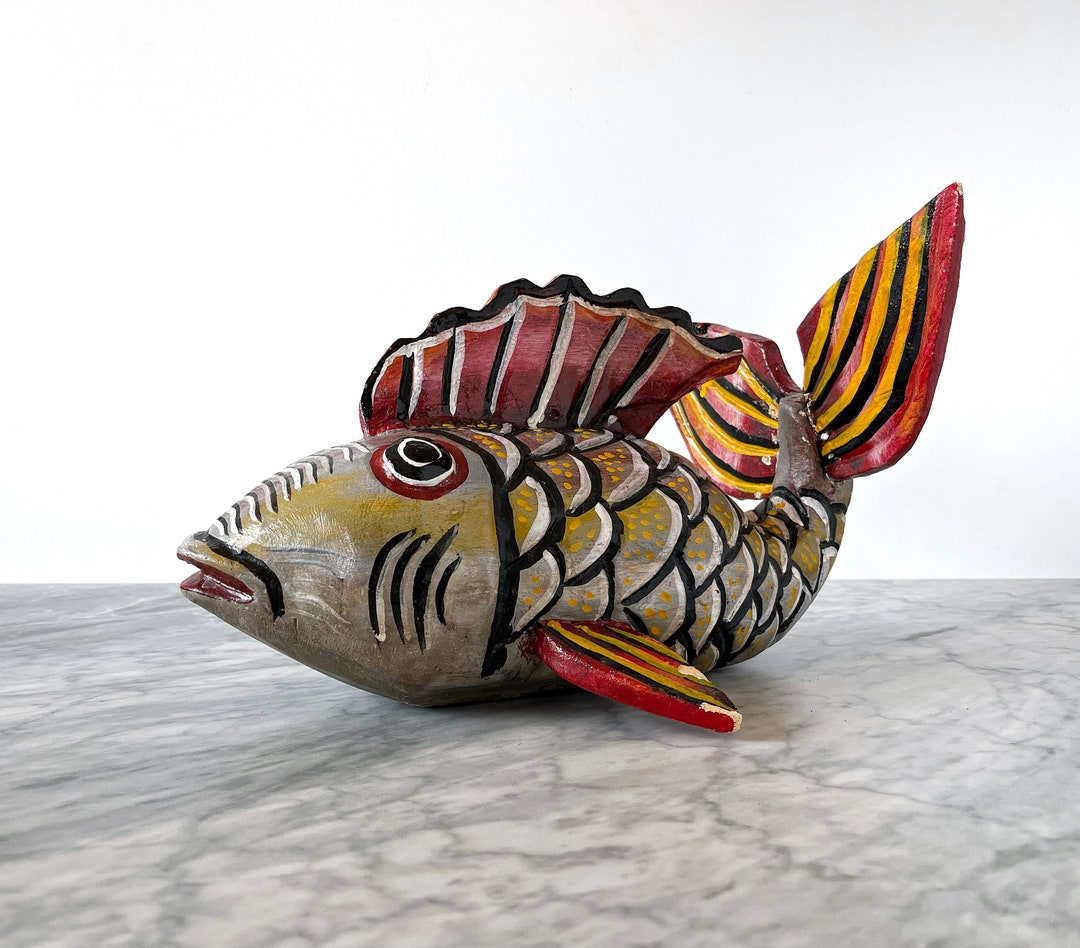 Vintage 13" Mexican Folk Art Wooden Fish - Hand Carved Colorful Boho ...