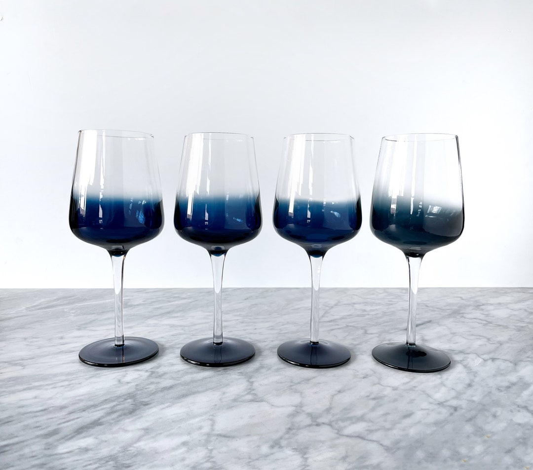 Set of 4 Vintage Pier 1 Dark Elemental Blue Wine Glasses - Ombre Boho ...
