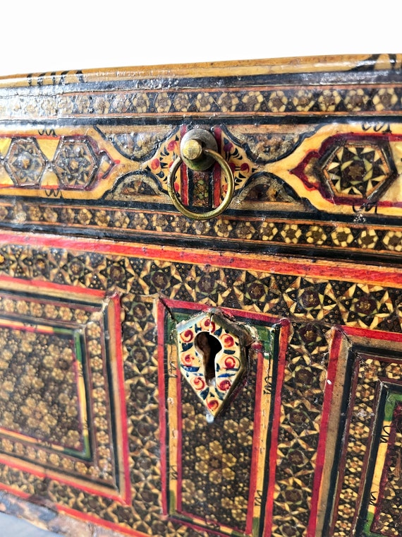 Antique 14" Khatam Khari Star Inlay Wooden Jewelry Ch… - Gem