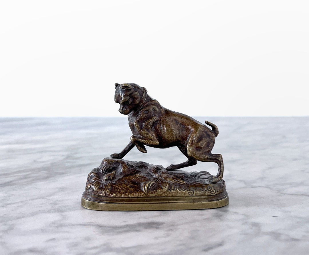 Antique 1800s Small Bronze Boxer Dog Statue (signed Jules Moigniez ...