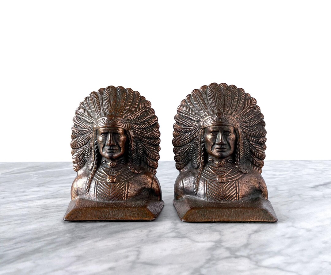Antique Cast Iron Native American Indian Chief Bookends - Bronze Copper ...