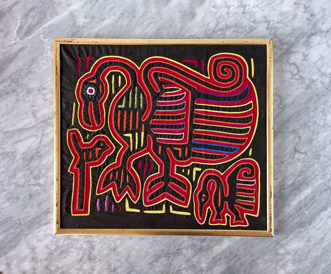 Vintage Framed Mola Bird Textile - Hand Stitched Panama Kuna Tribal ...