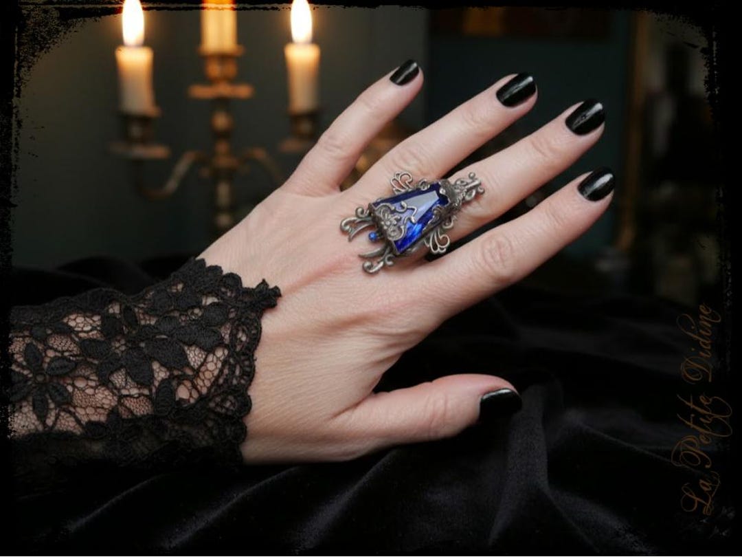 Victorian Gothic Ring - Cobalt Blue Crystal and Antiqued Silver Metal ...