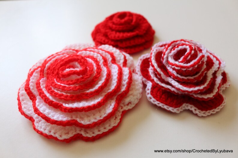 Red White Crochet Roses. Handmade Crochet Flowers Roses. Christmas ...