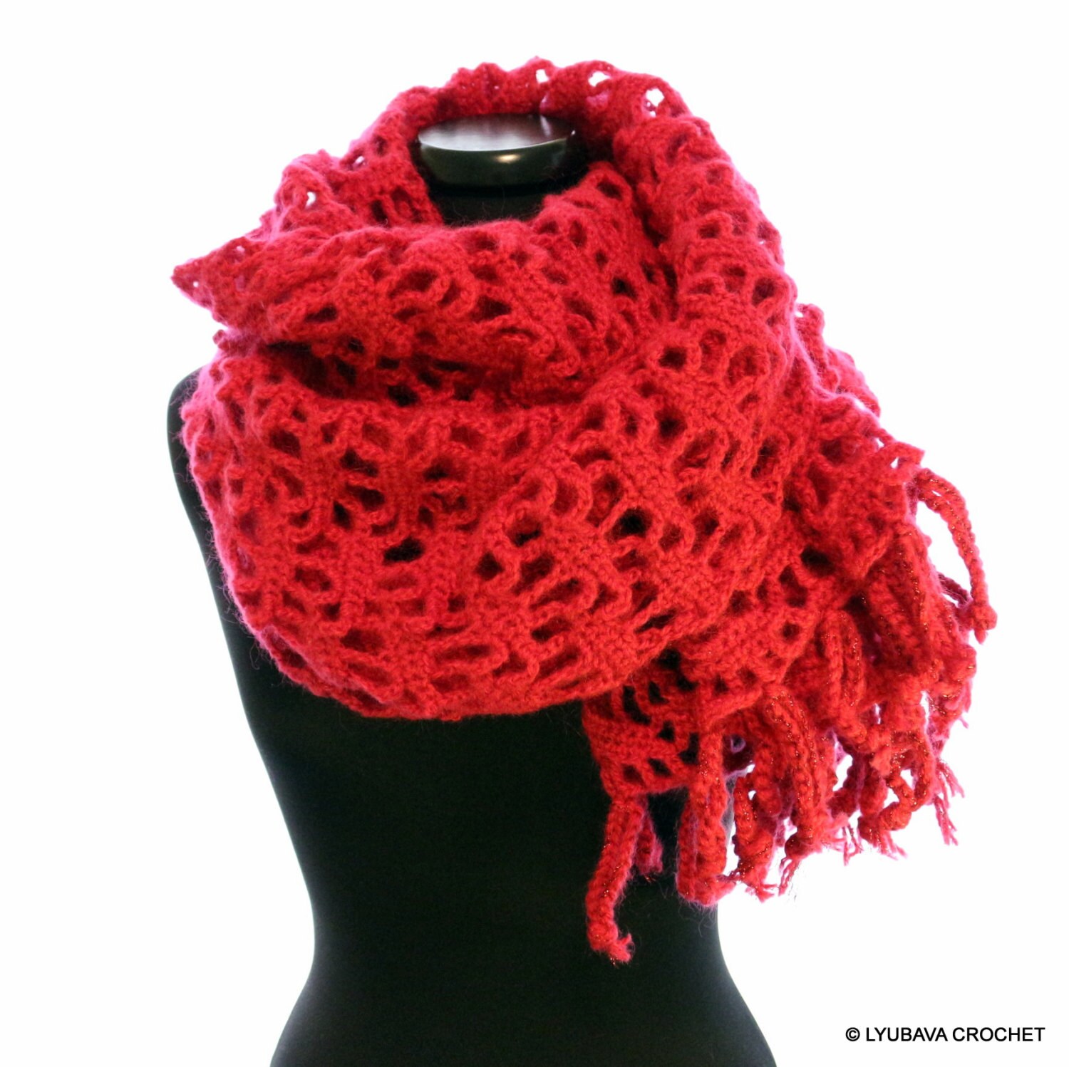Hand crocheted red scarf for women. Warm soft long - Etsy España