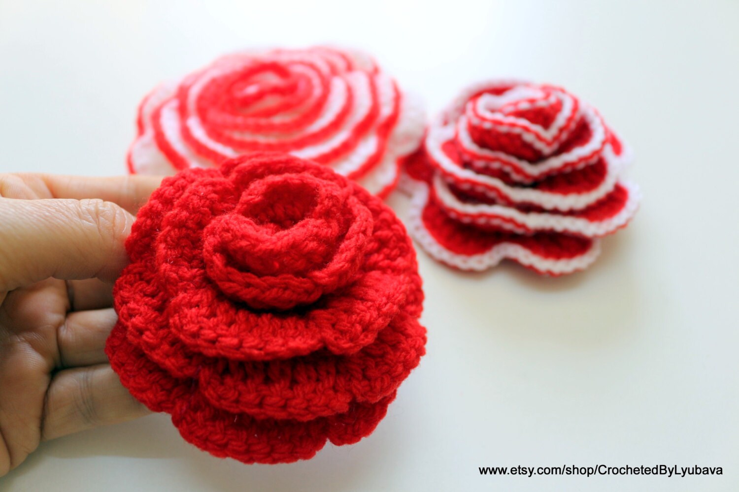 Red White Crochet Roses. Handmade Crochet Flowers Roses. Christmas ...