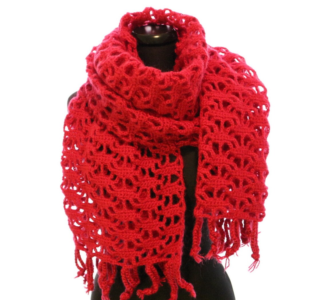 Hand crocheted red scarf for women. Warm soft long - Etsy España
