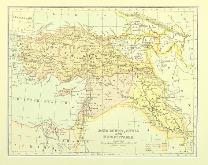 Vintage TURKEY MAP Palestine Ca 1930 Asia Minor Mesopotamia Syria ...