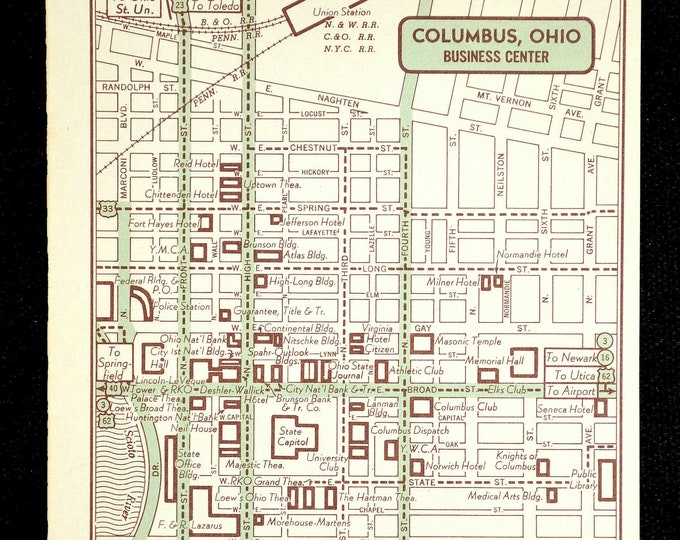 Columbus Map of Columbus Street Map Wall Art Decor Ohio Vintage ...