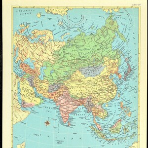 Asia Map of Asia Wall Art Decor Projection World Vintage 1950s | Etsy