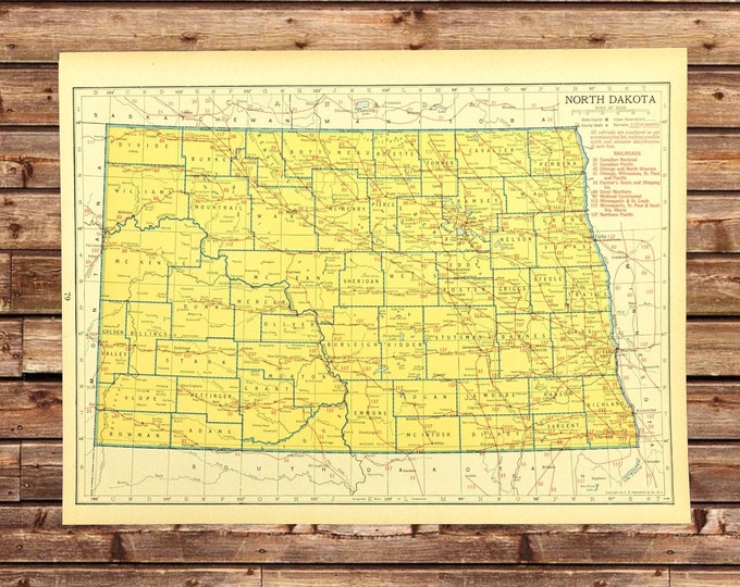 NORTH DAKOTA Railroad Map Wall Decor Art Vintage 1940s Yellow - Etsy