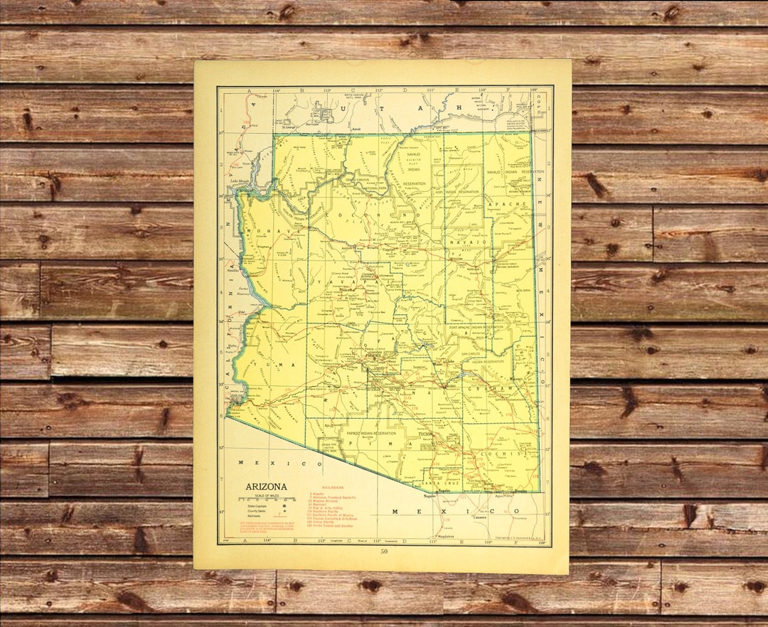 Vintage ARIZONA RAILROAD Map Wall Art Frameable Matted Decor Vintage ...