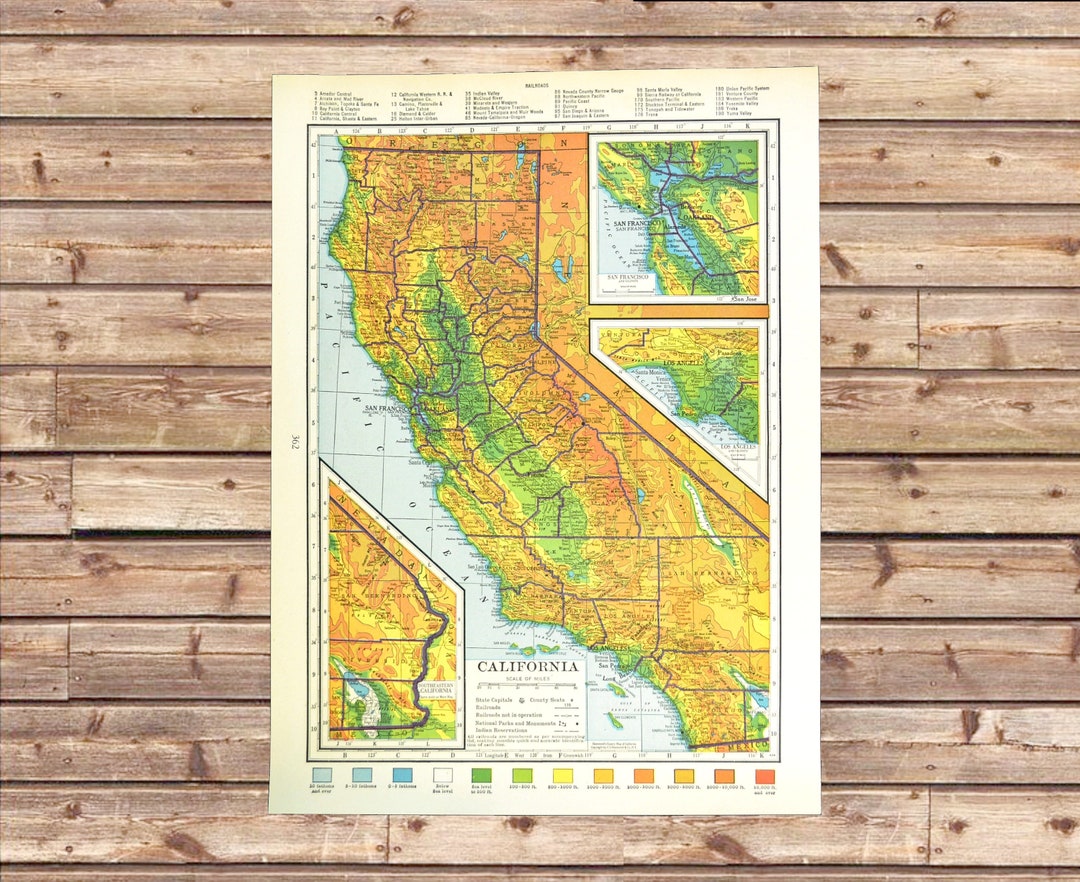 CALIFORNIA Topographic Map Wall Art Decor Colorful Antique ORIGINAL ...