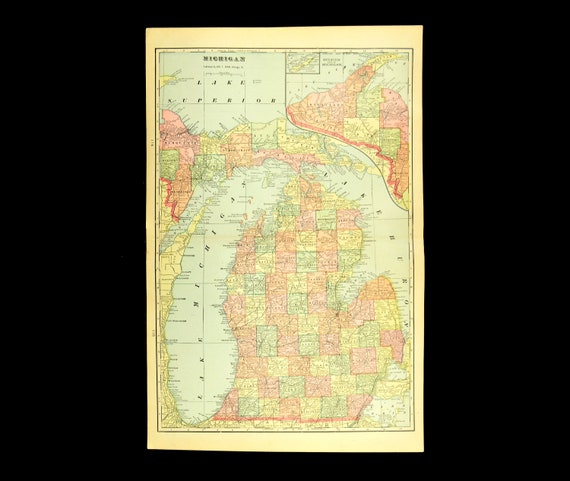 LARGE Michigan Map of Michigan Wall Decor Art Antique Original | Etsy