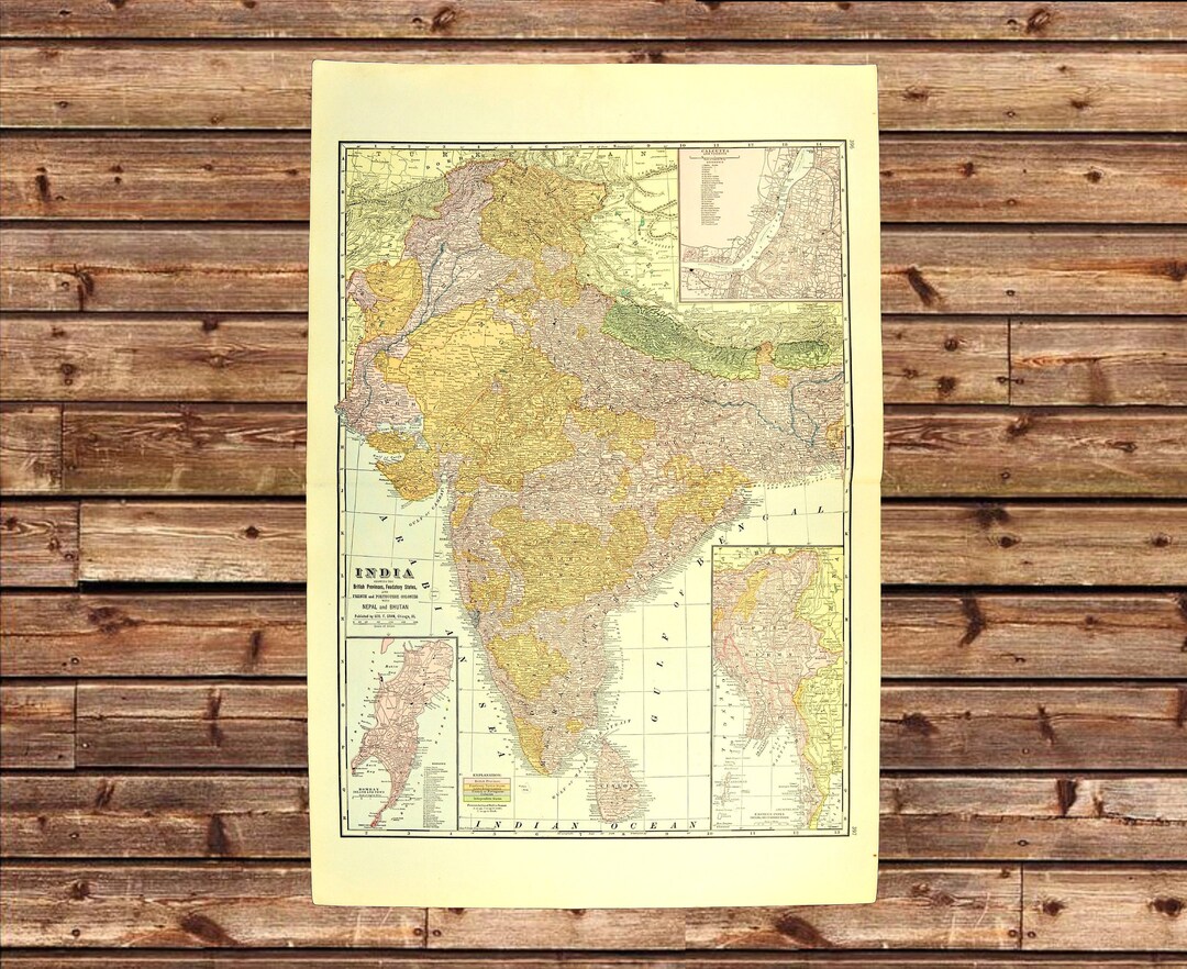 Vintage INDIA Map of India Wall Art Decor LARGE Ceylon ORIGINAL ...