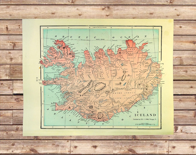 ICELAND MAP of Iceland Wall Art Decor Antique ORIGINAL Reykjavik ...