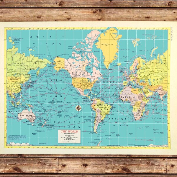 Mid Century Map of the World - Etsy