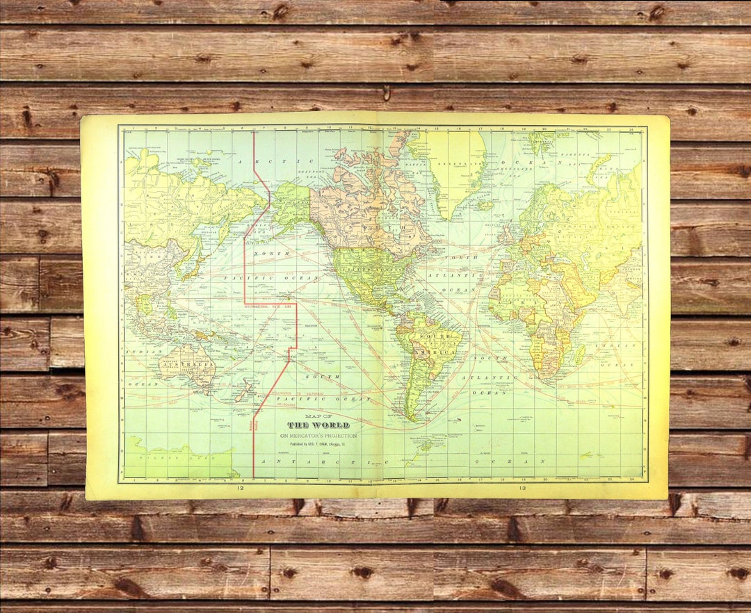 LARGE Antique WORLD Map of the World Wall Art Decor ORIGINAL ...