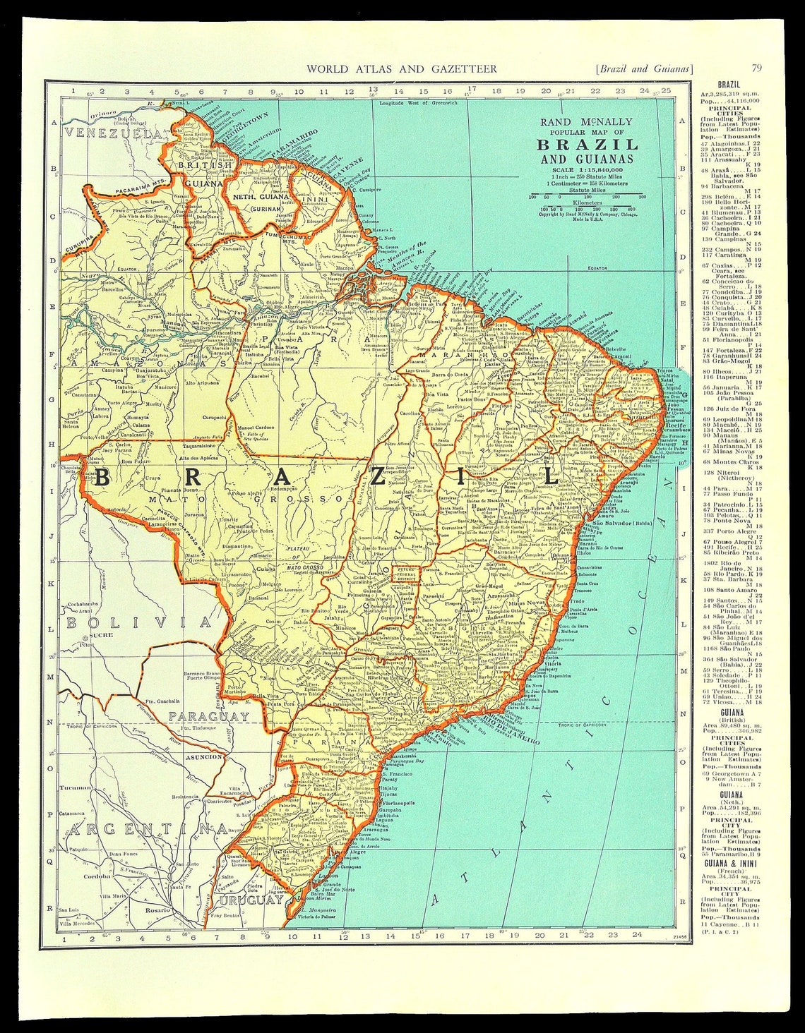 Brazil Map of Brazil Wall Decor Art Vintage Guineas 1940s | Etsy