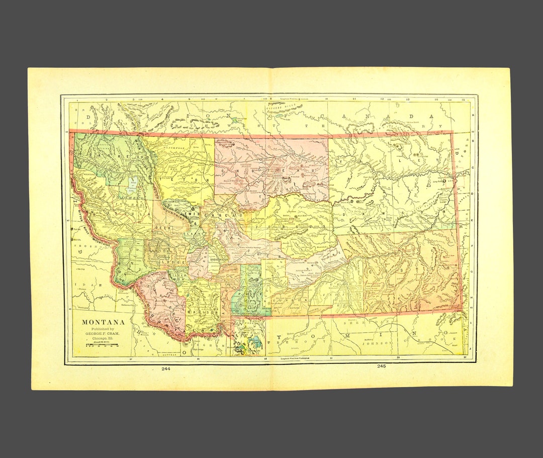Vintage MONTANA Map Wall Art Decor Original Antique Flathead Lake Ca ...