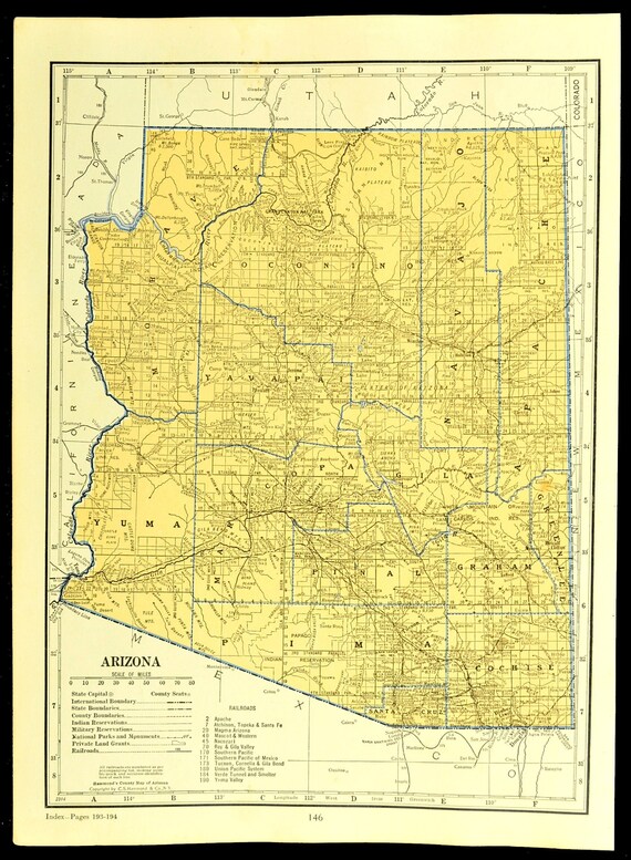 ARIZONA RAILROAD Map Wall Art Decor Beige Blue Vintage | Etsy