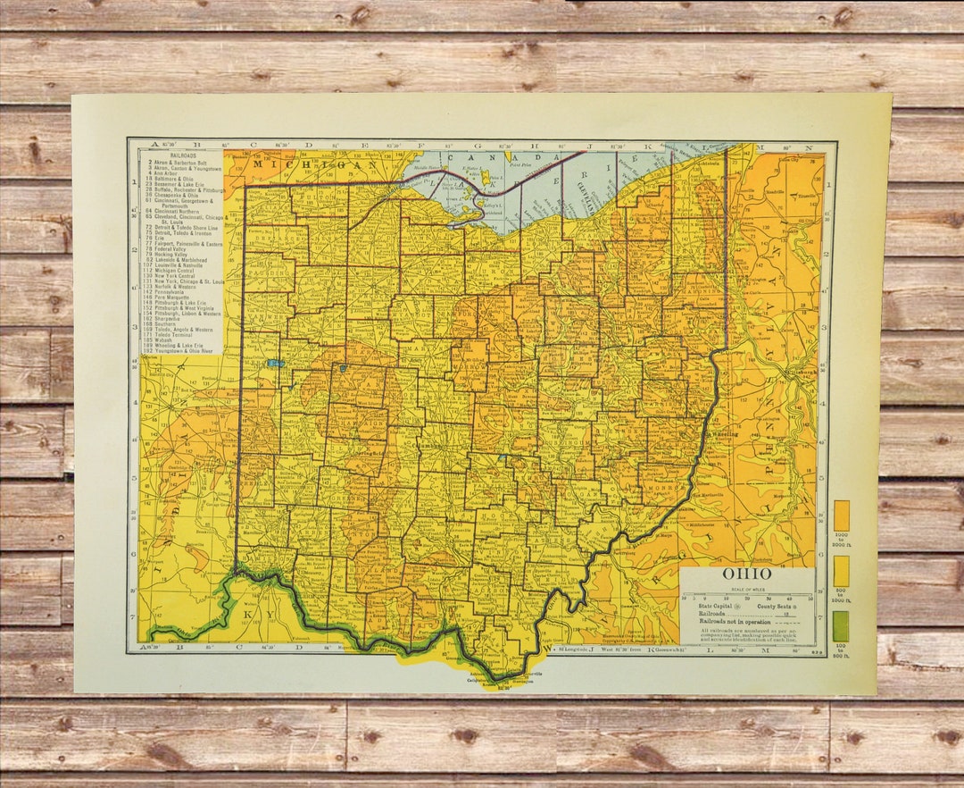 OHIO Topographic Map of Ohio Wall Art Antique ORIGINAL Colorful Wedding ...