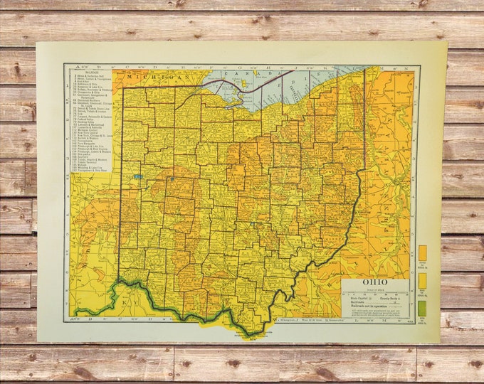 OHIO Topographic Map of Ohio Wall Art Antique ORIGINAL Colorful Wedding ...