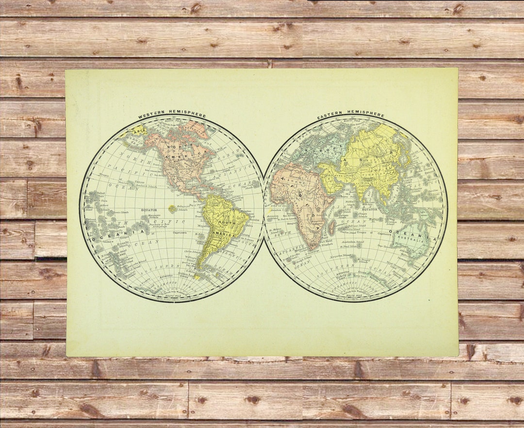 Vintage World Map Hemisphere Wall Art Eastern Western Home Warming Gift ...