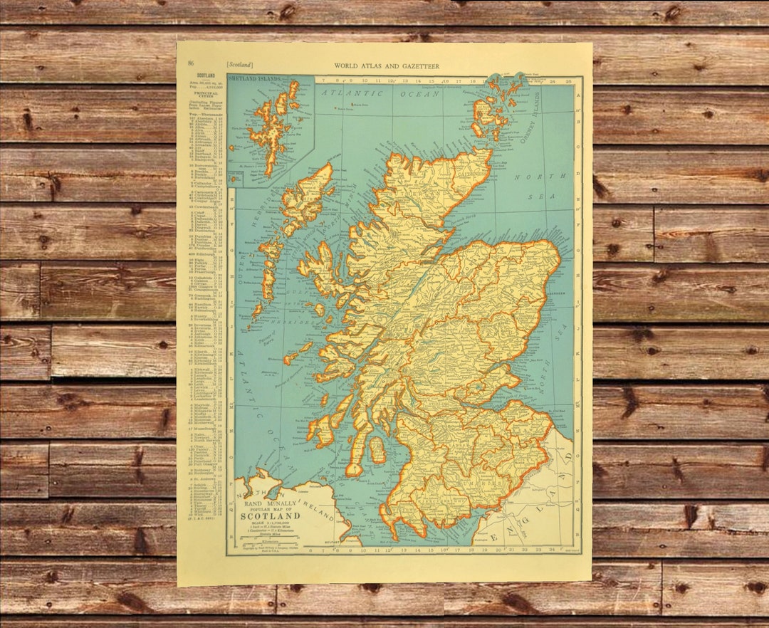 Vintage SCOTLAND MAP Wall Art Frameable Matted ORIGINAL Traveler Gift ...