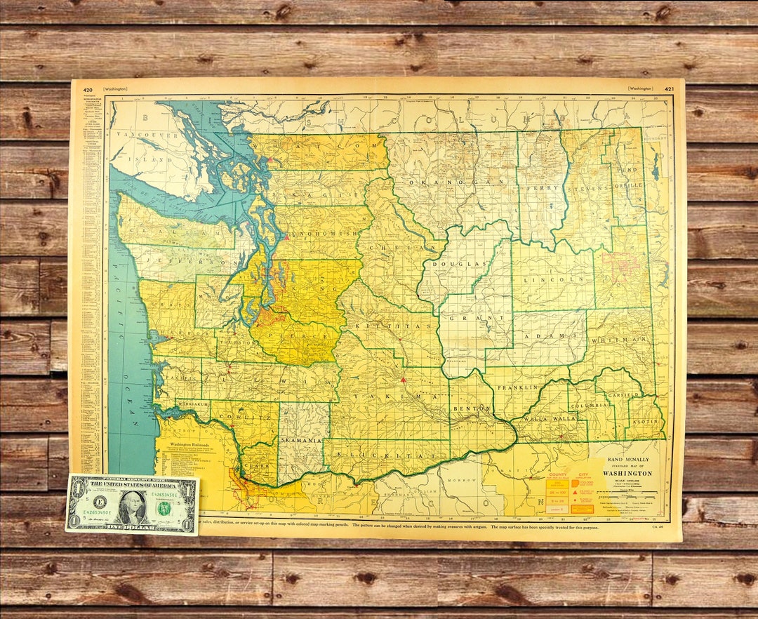 Antique WASHINGTON MAP Wall Art Railroad Population State ORIGINAL Mens ...