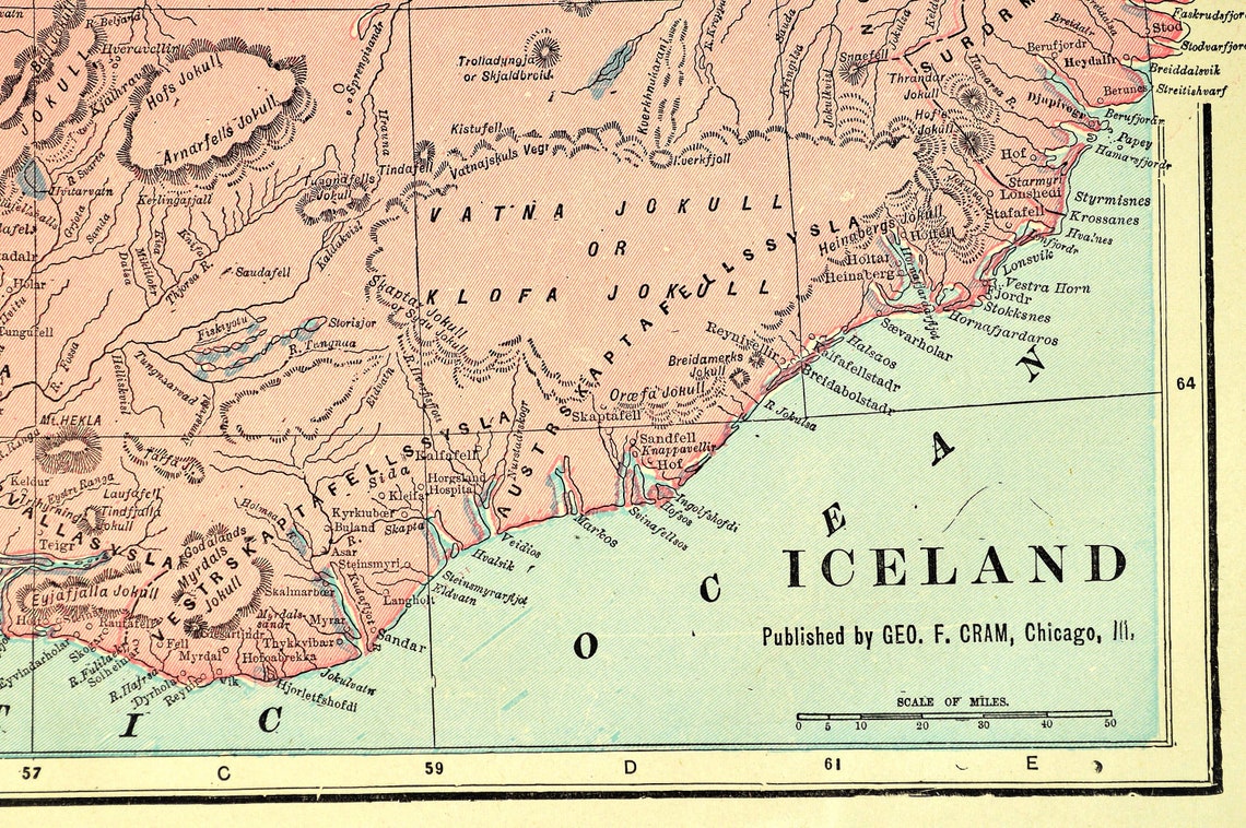 Iceland Map of Iceland Wall Art Decor Antique Original Early | Etsy