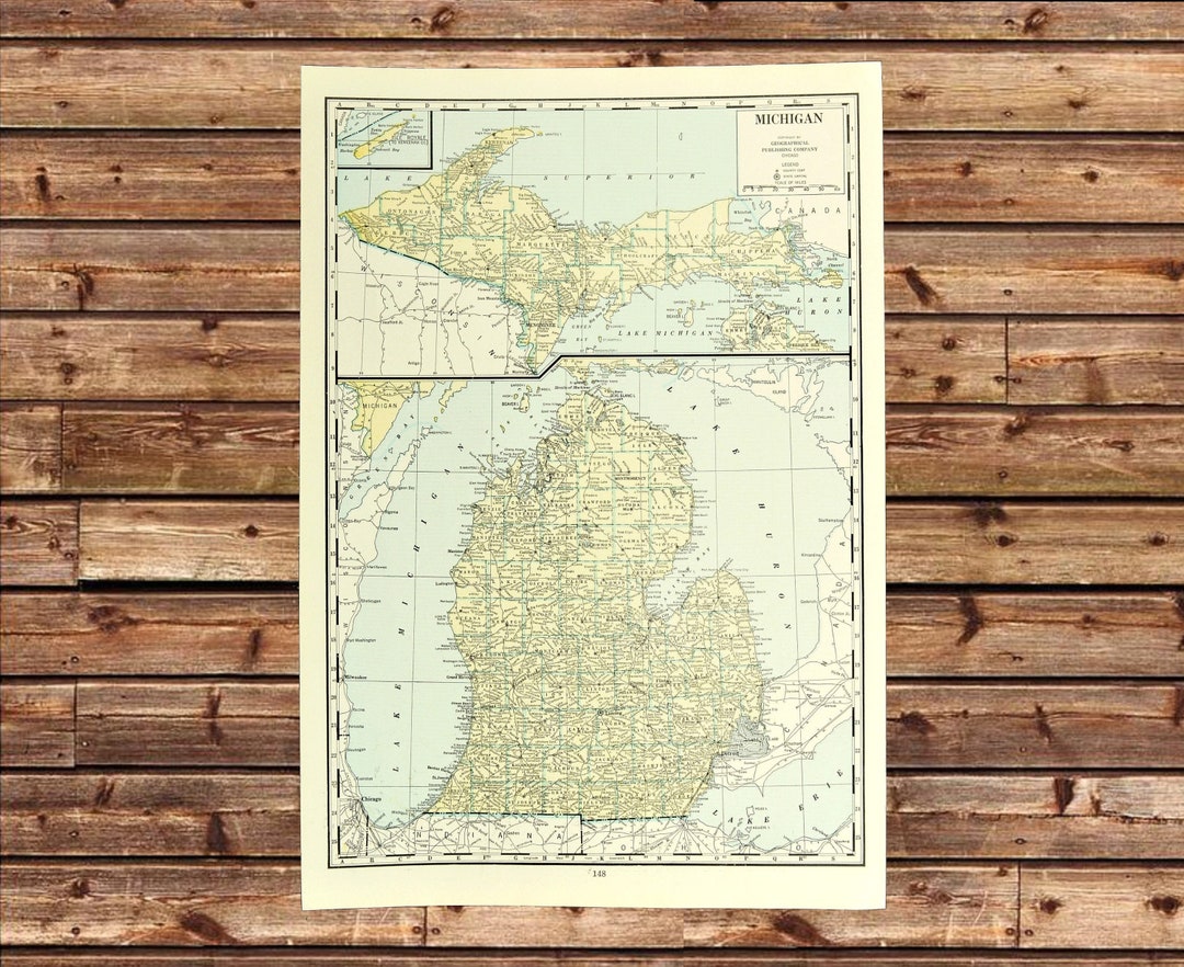 Vintage MICHIGAN MAP Wall Art Frameable Ready to Frame Original 1940s ...