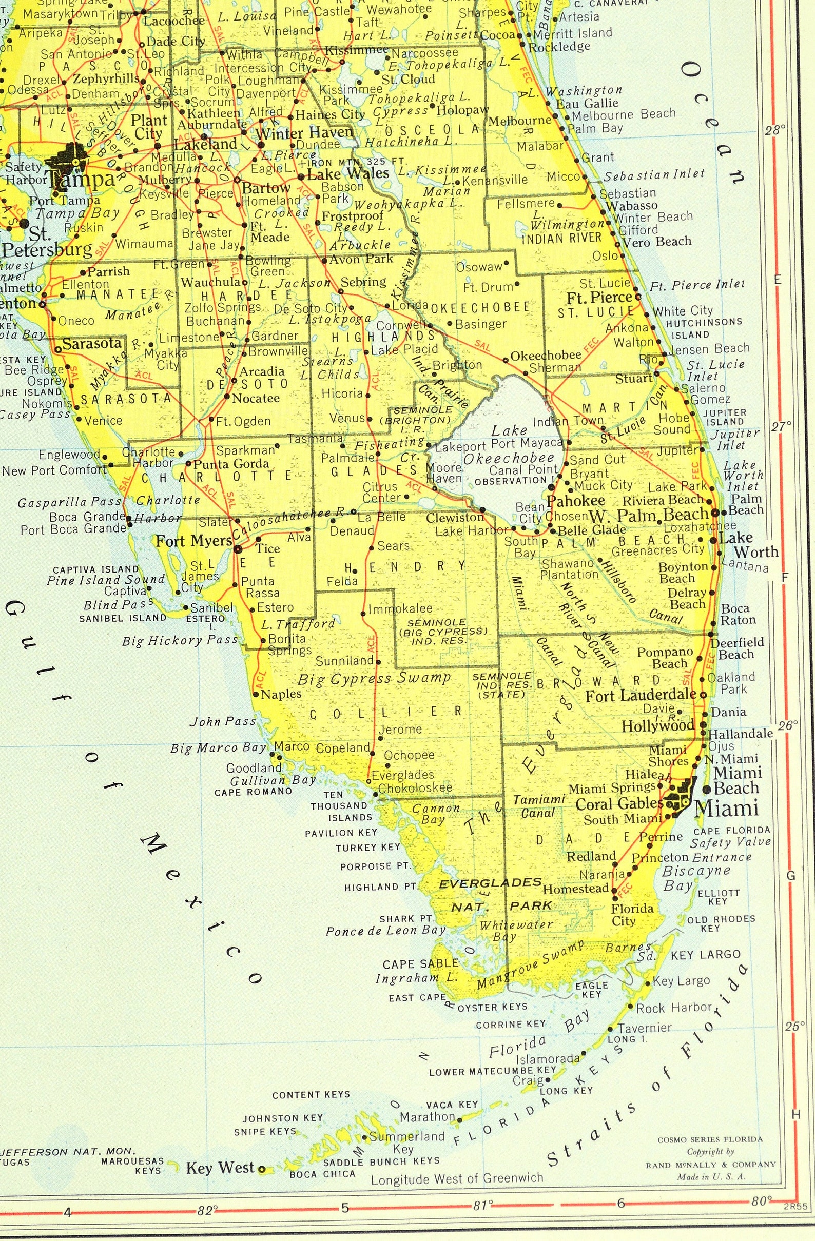 Vintage Florida Map of Florida Wall Art Decor Yellow Original | Etsy