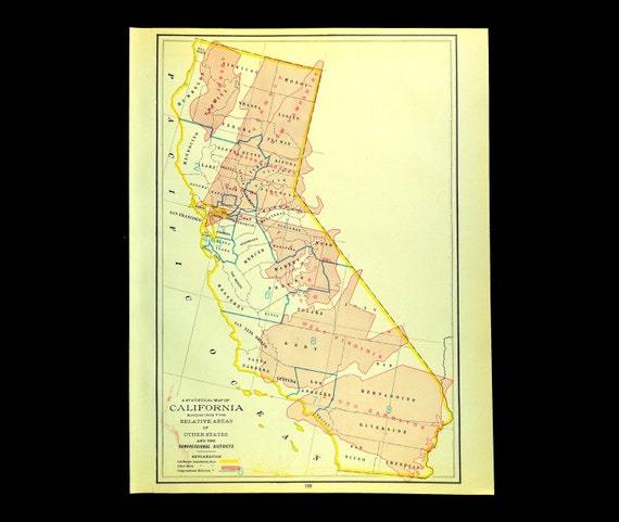 California Map of California Wall Art Decor Antique Early 1900s 1908 ...