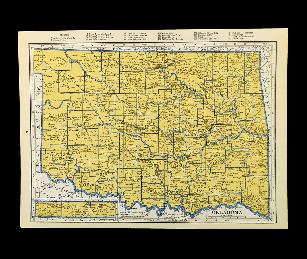 OKLAHOMA MAP Wall Art Decor Beige Blue ORIGINAL Vintage 1930s Old ...