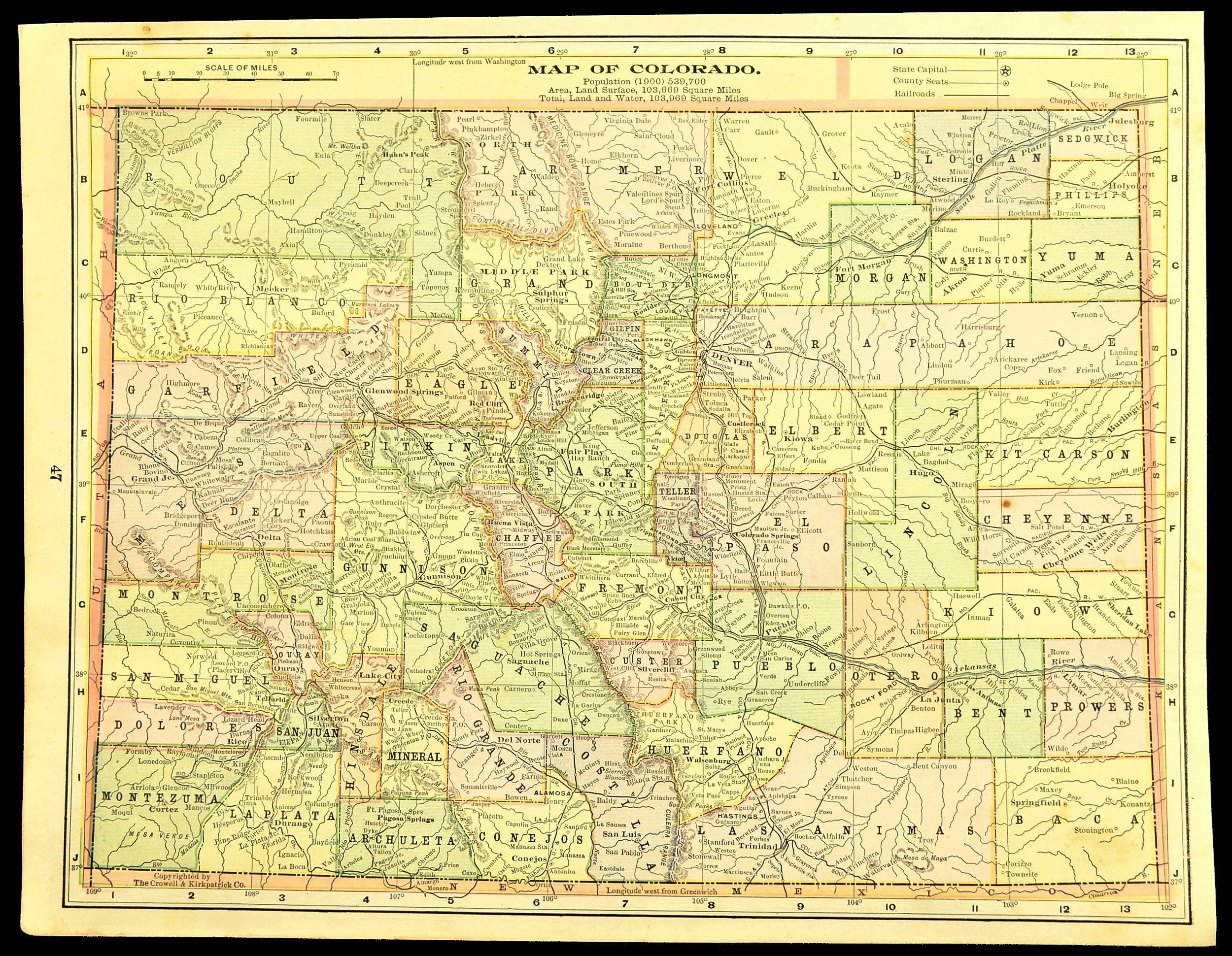 Antique Colorado Map of Colorado Wall Art Decor Original Old | Etsy