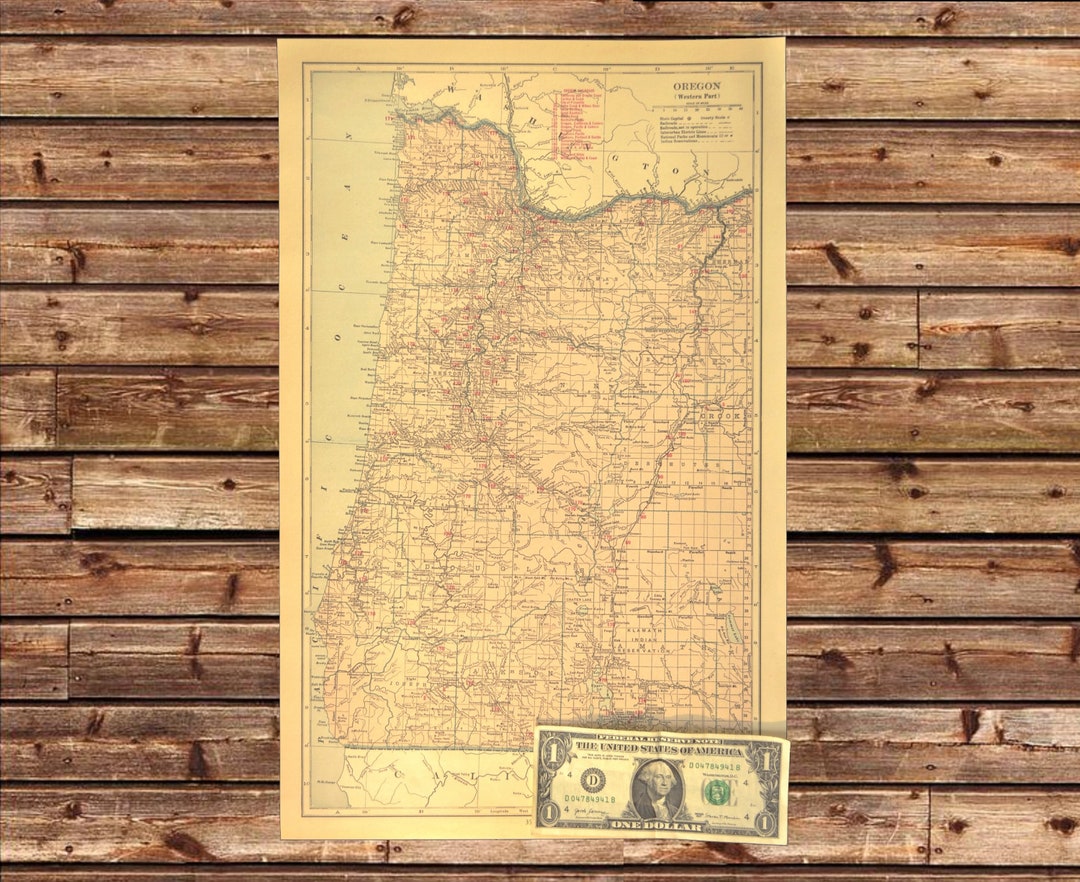 Antique OREGON COAST Map Wall Art Decor LARGE Western Original Pink ...