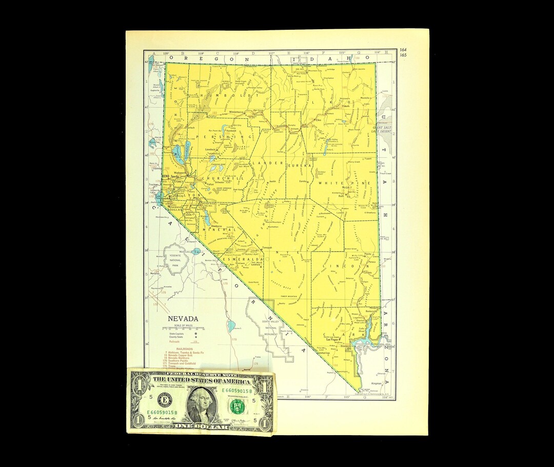 Vintage NEVADA Railroad Map Wall Art Decor ORIGINAL 1940s Frameable ...