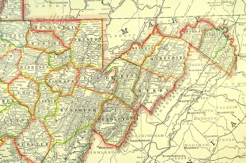 Antique West Virginia Map Of West Virginia Wall Art Large Etsy