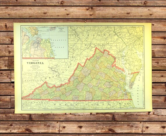 LARGE VIRGINIA Map Wall Art Decor Antique Early 1900s ORIGINAL | Etsy