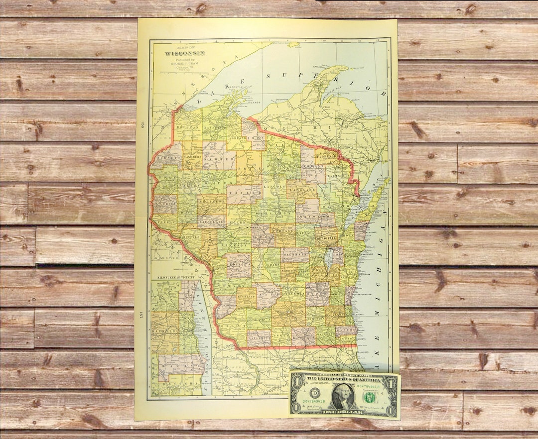 LARGE Wisconsin Map Wall Art Decor Antique Original Old Boyfriend Gift ...