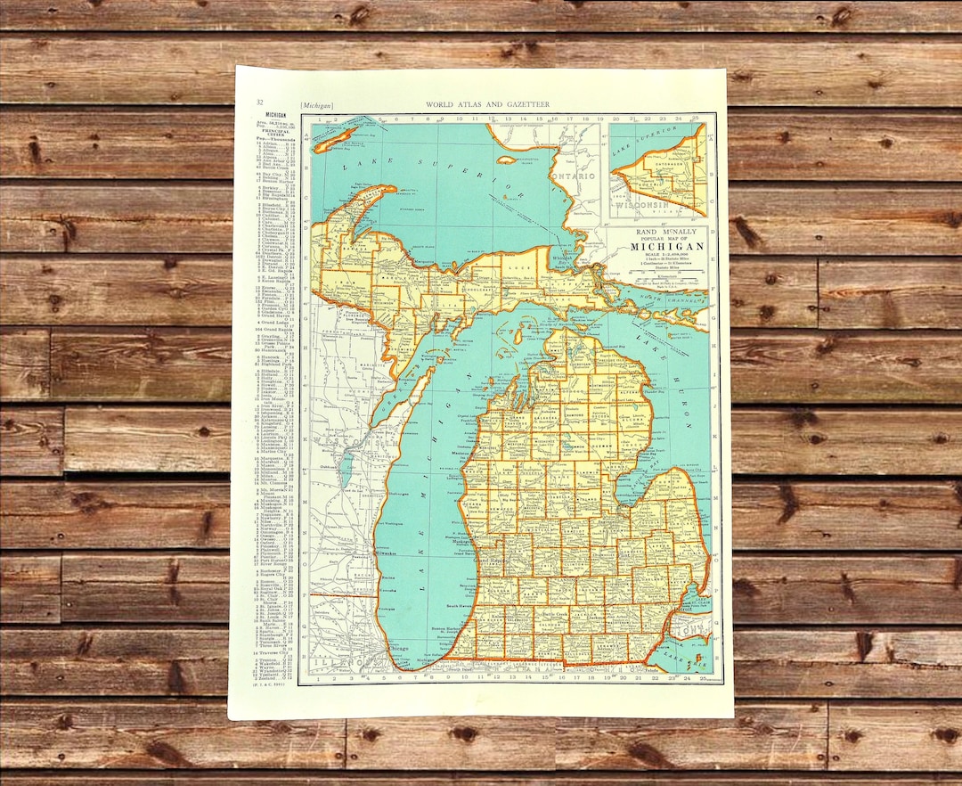 Vintage MICHIGAN MAP Wall Decor Art ORIGINAL 1940s Lithograph Boyfriend ...