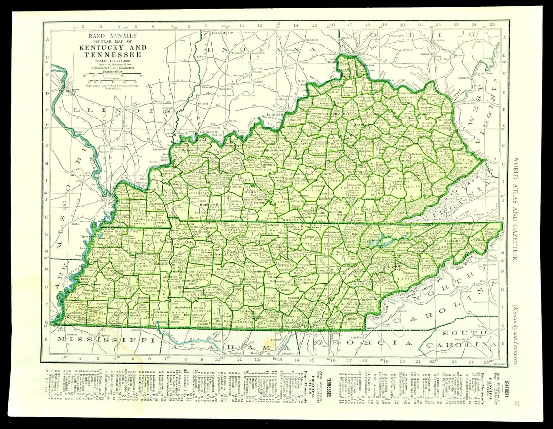 Map of TENNESSEE Map of KENTUCKY Wall Art Decor Green ORIGINAL - Etsy