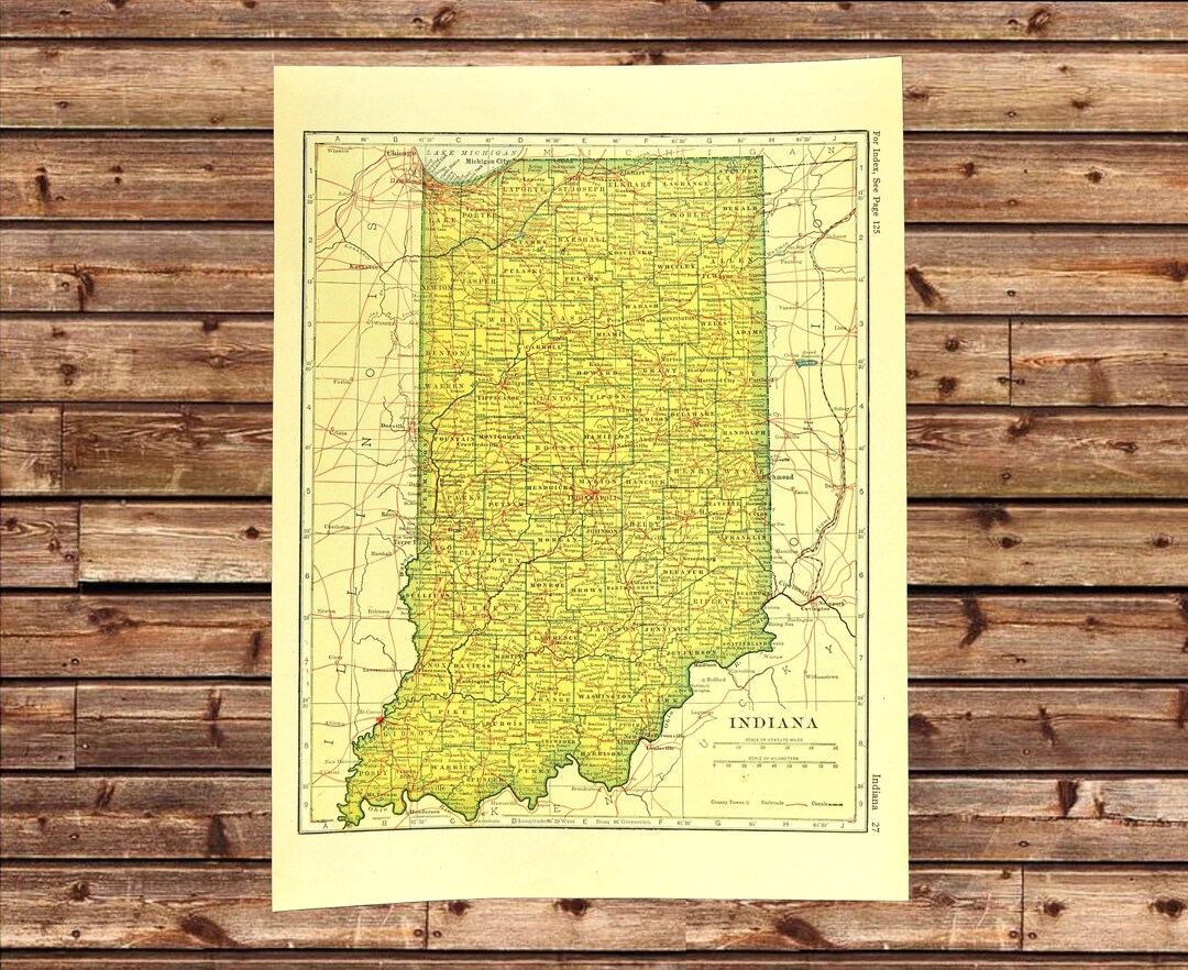Vintage INDIANA RAILROAD Map of Indiana Wall Art ORIGINAL Antique Mens ...