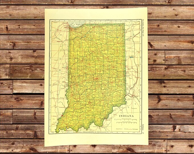 Vintage INDIANA RAILROAD Map of Indiana Wall Art ORIGINAL Antique Mens ...