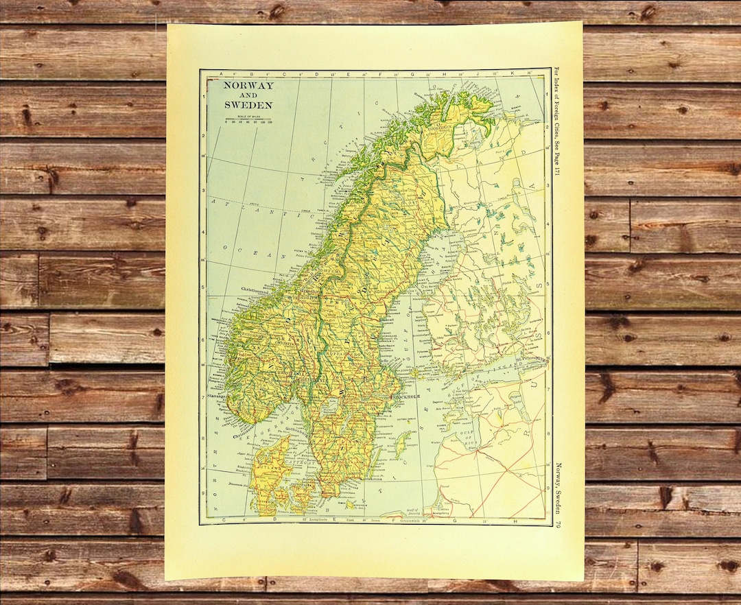 Vintage SCANDINAVIA Map Railroad Wall Art Decor Norway Sweden ORIGINAL ...