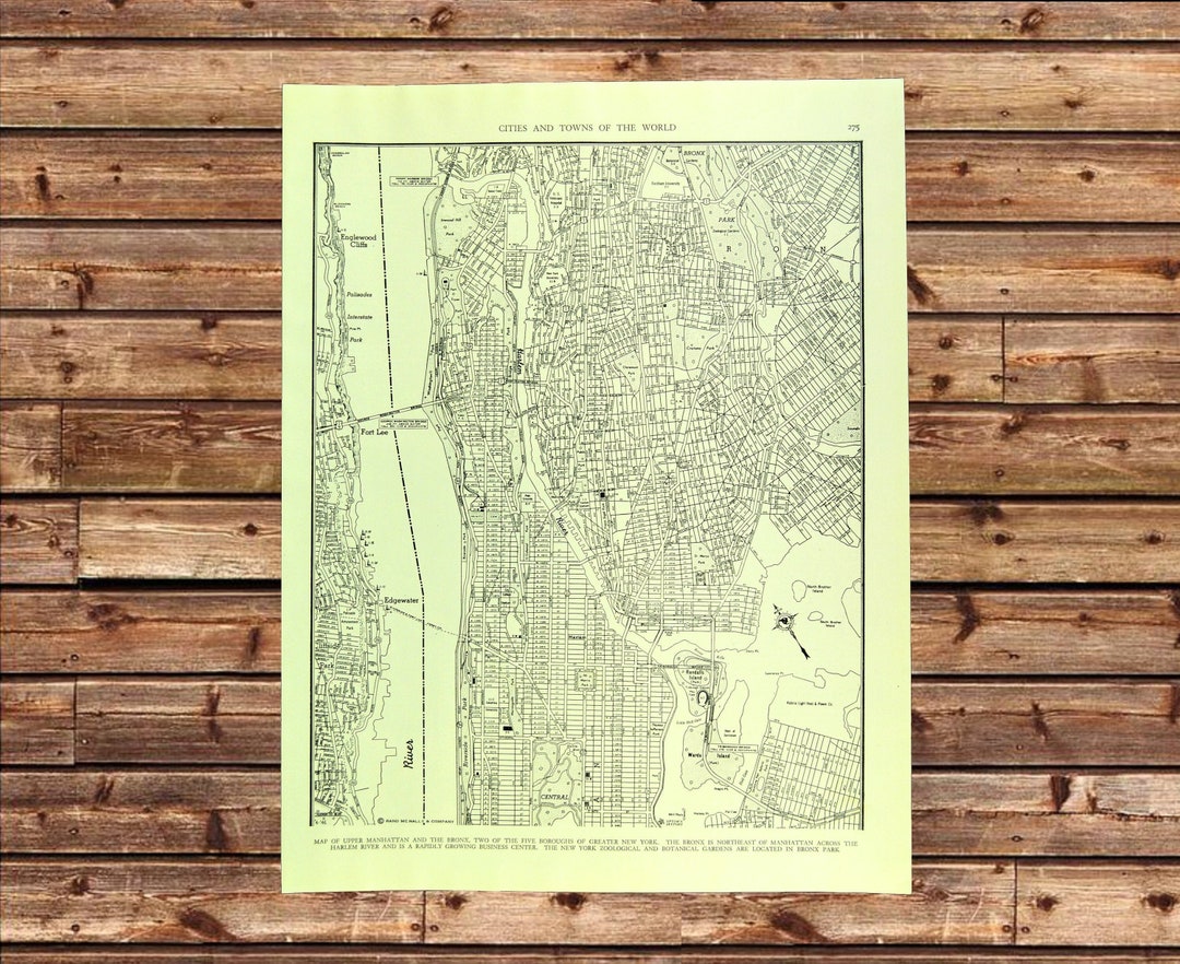 Vintage BRONX Map City Street Map of New York City Wall Art Harlem NYC ...