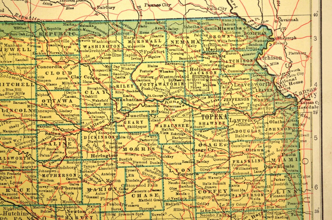 KANSAS RAILROAD MAP of Kansas Wall Decor Art Antique Original | Etsy