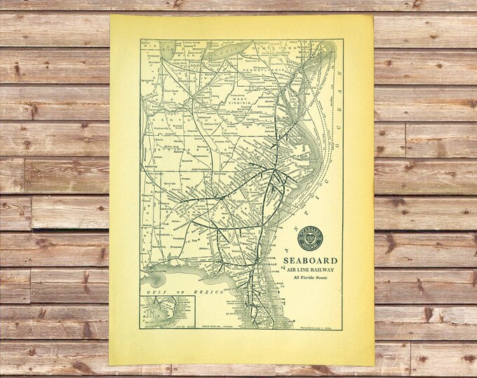 1928 Antique SEABOARD AIR LINE Railroad Map Vintage Railway Map Mens ...
